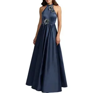 Mac Duggal Satin Sleeveless Floral Detail A Line Gown