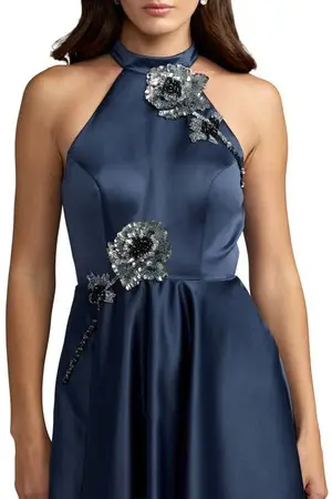 Mac Duggal Satin Sleeveless Floral Detail A Line Gown