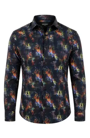 MACEOO Fibonacci Long Sleeve Performance Stretch Button Up Shirt - Blue