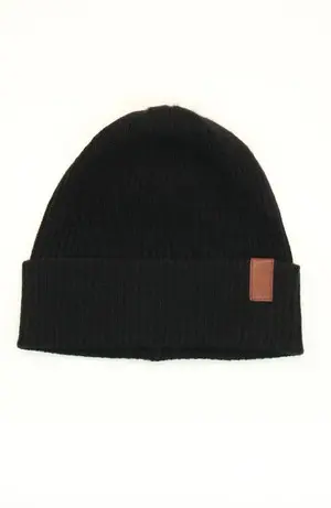 Portolano Cashmere Beanie With Leather Tab - Black