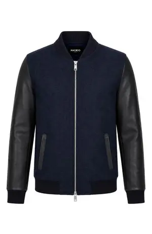 MACEOO Leather Sleeve Bomber Jacket