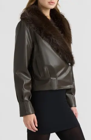 NVLT Leon Faux Leather Jacket With Faux Fur Collar - Espresso