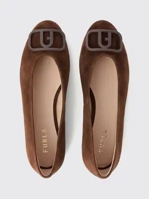 Furla Round-toe Suede Monogram Ballet Flats With Metallic Logo