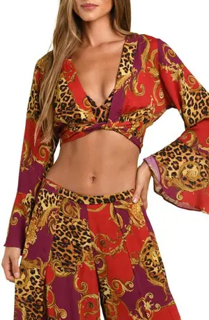L'Agence Baroque Leopard Wrap Crop Cover-up Top - Rouge