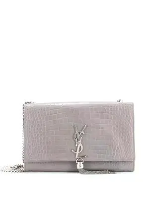 Saint Laurent Classic Monogram Tassel Crocodile Embossed Leather Medium Crossbody Bag - Grey