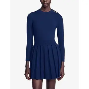 Sandro Pleated Button-embellished Stretch-knit Mini Dress