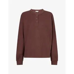 ADANOLA Henley-collar Ribbed-knit Cotton-blend Top - Chocolate Brown