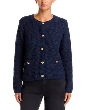 SINGLE THREAD Textured Crewneck Cardigan Sweater - Navy