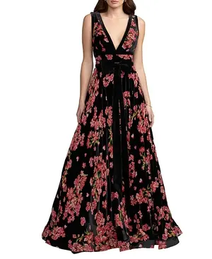 Mac Duggal Floral Velvet Ball Gown With Bow - Black Multi
