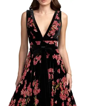 Mac Duggal Floral Velvet Ball Gown With Bow