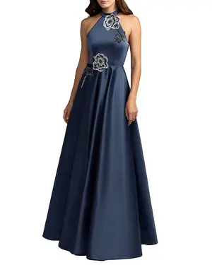 Mac Duggal Satin Sleeveless Floral Detail A Line Gown - Midnight