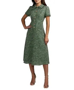Mac Duggal Boucle Short Sleeve Button Up Midi Dress - Emerald Multi