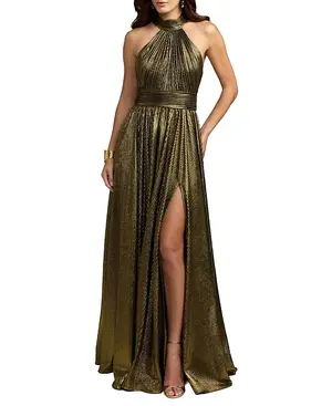 Mac Duggal Metallic Pleated Mock Neck Gown