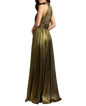 Mac Duggal Metallic Pleated Mock Neck Gown