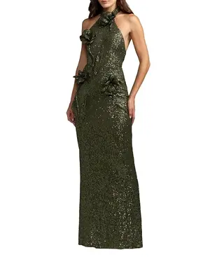 Mac Duggal Halter Neck Sequin 3d Flower Column Gown