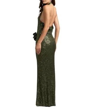 Mac Duggal Halter Neck Sequin 3d Flower Column Gown