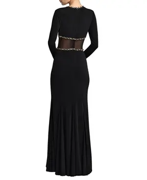 Mac Duggal Long Sleeve Sheer Cut Out Jersey Mermaid Gown