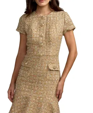 Mac Duggal High Neck Short Sleeve Boucle Midi Dress