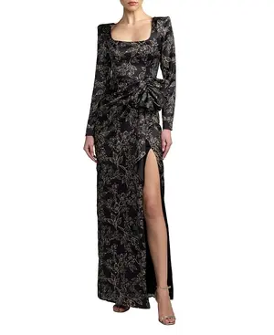 Mac Duggal Floral Printed Long Sleeve Gown With Bow - Black Multi