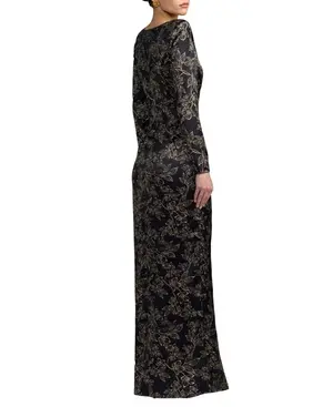Mac Duggal Floral Printed Long Sleeve Gown With Bow