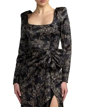 Mac Duggal Floral Printed Long Sleeve Gown With Bow