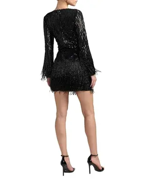 Mac Duggal Long Sleeve V-neck Beaded Fringe Mini Dress