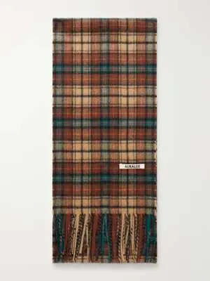 Auralee Fringed Checked Cashmere Scarf - Brown