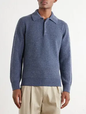 PIACENZA CASHMERE 1733 Ribbed Cashmere Polo Shirt - Blue