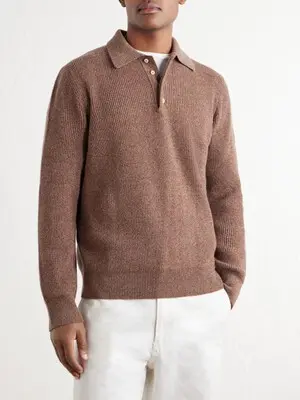 PIACENZA CASHMERE 1733 Ribbed Cashmere Polo Shirt - Brown