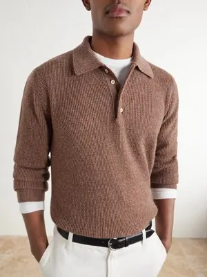 PIACENZA CASHMERE 1733 Ribbed Cashmere Polo Shirt - Brown
