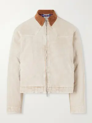 Balenciaga Logo-embroidered Corduroy-trimmed Paint-splattered Denim Jacket - Neutrals