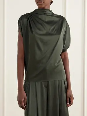 TWP Wish You Would Asymmetric Gathered Silk-blend Charmeuse Blouse - Green