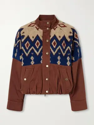 Veronica Beard Knoll Gathered Fair Isle Fleece-trimmed Cotton-twill Jacket