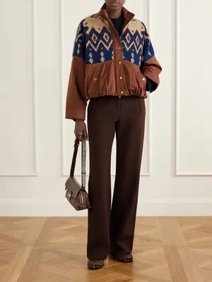 Veronica Beard Knoll Gathered Fair Isle Fleece-trimmed Cotton-twill Jacket