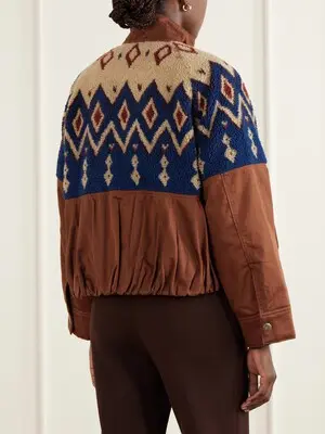 Veronica Beard Knoll Gathered Fair Isle Fleece-trimmed Cotton-twill Jacket