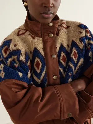 Veronica Beard Knoll Gathered Fair Isle Fleece-trimmed Cotton-twill Jacket