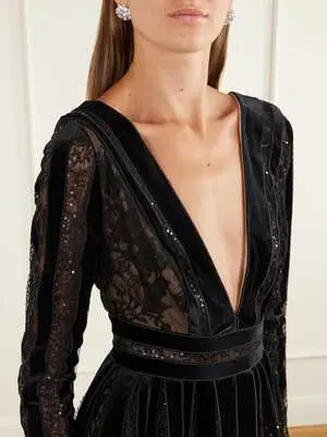 Costarellos Malena Sequin And Velvet-trimmed Lace Gown