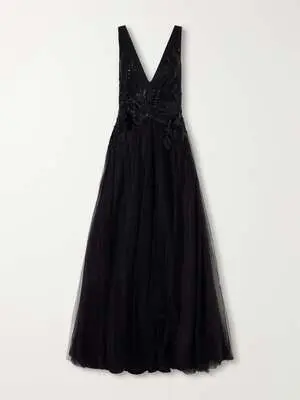 Costarellos Vianna Embellished Velvet-trimmed Tulle Gown - Black