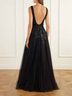Costarellos Vianna Embellished Velvet-trimmed Tulle Gown - Black
