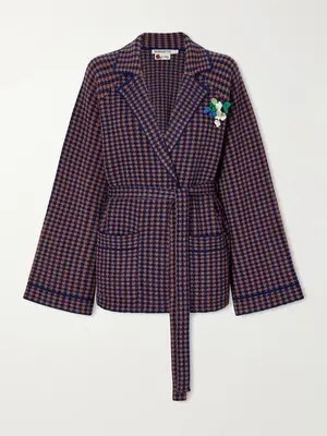 Bernadette Kallas Checked Belted Floral-appliquéd Cashmere Cardigan - Multi