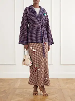 Bernadette Kallas Checked Belted Floral-appliquéd Cashmere Cardigan