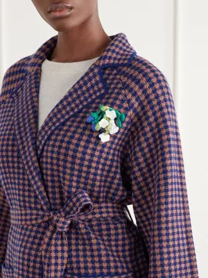 Bernadette Kallas Checked Belted Floral-appliquéd Cashmere Cardigan