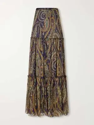 Etro Tiered Paisley-print Metallic Silk-blend Chiffon Maxi Skirt - Multi
