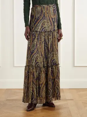 Etro Tiered Paisley-print Metallic Silk-blend Chiffon Maxi Skirt - Multi