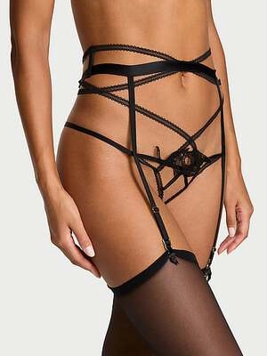 Victoria's Secret Very Sexy Viper Embroidery Peekaboo Garter Panty - Black