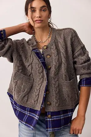 Free People We The Free Highland Flannel Lined Cardigen - Squirrel