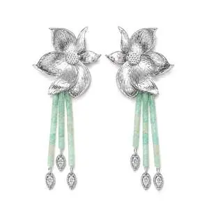 AUROZIA Silver / Blue Lotus Within Rhodium Plated Detachable Blooming Lotus Drop Amazonite Tassel Earrings Silver - Silver/blue