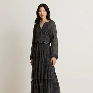 Ralph Lauren Paisley Crinkle Georgette Tiered Dress - Grey Multi