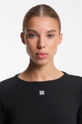 Hugo Stretch-jersey Top With Stacked-logo Print - Black