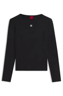 Hugo Stretch-jersey Top With Stacked-logo Print - Black